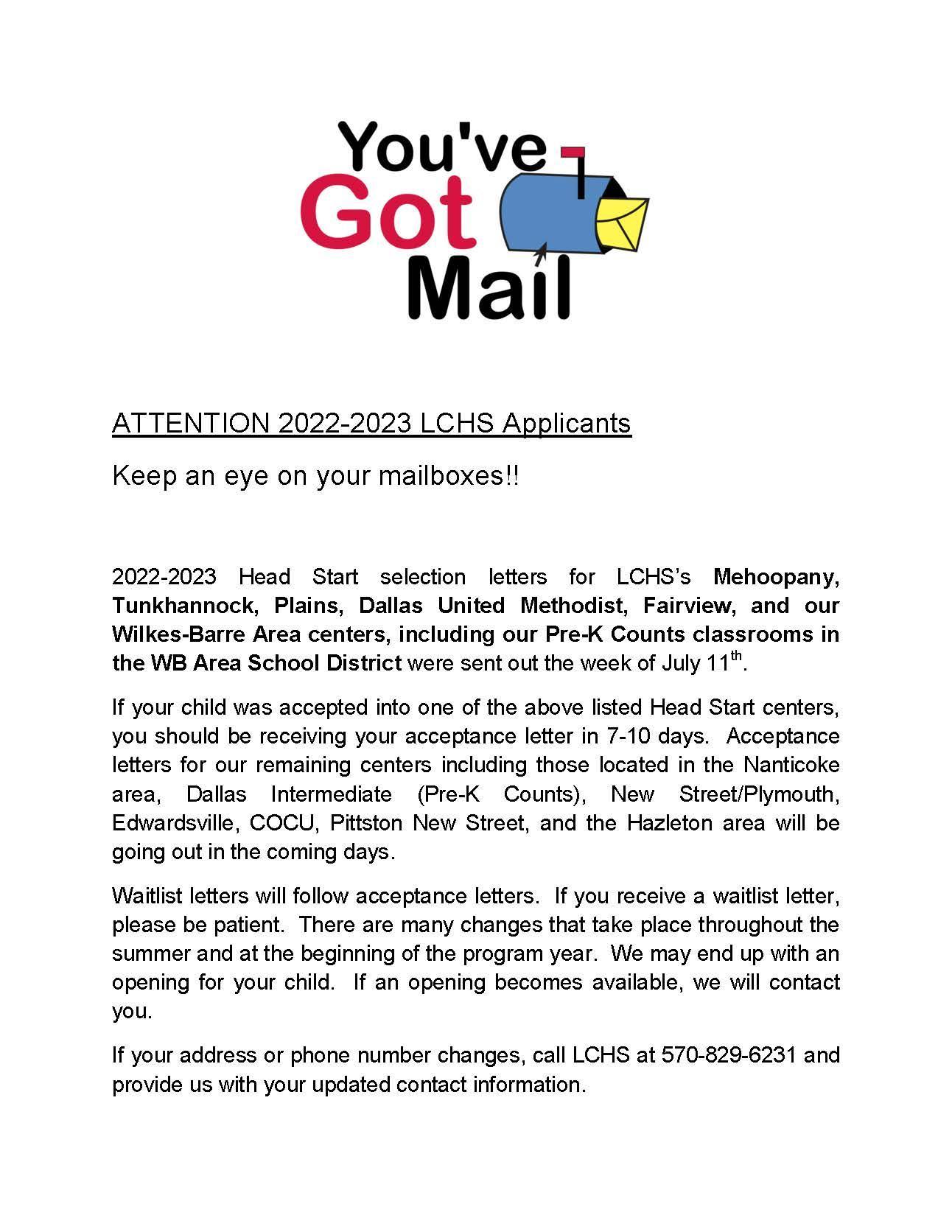 First Round of Head Start Acceptance Letters Mailed Out Beginning Week ...